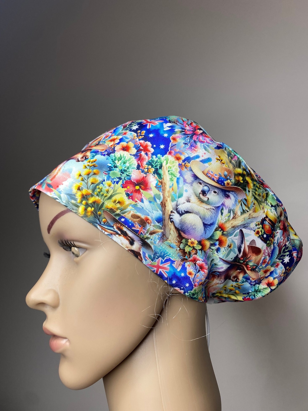 Blue Floral Scrub Hat Cap Koala Platypus Kangaroo Kookaburra - Etsy