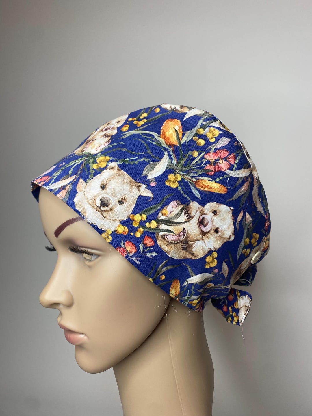 Scrub Cap, Lined, Wombat & Native Plants, Navy Surgical Hat With Tie ...