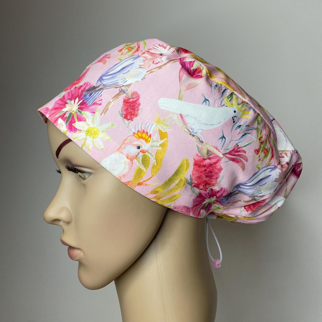 Floral Scrub Cap: Pink Cotton Surgical Hat With Birds, Adjustable ...