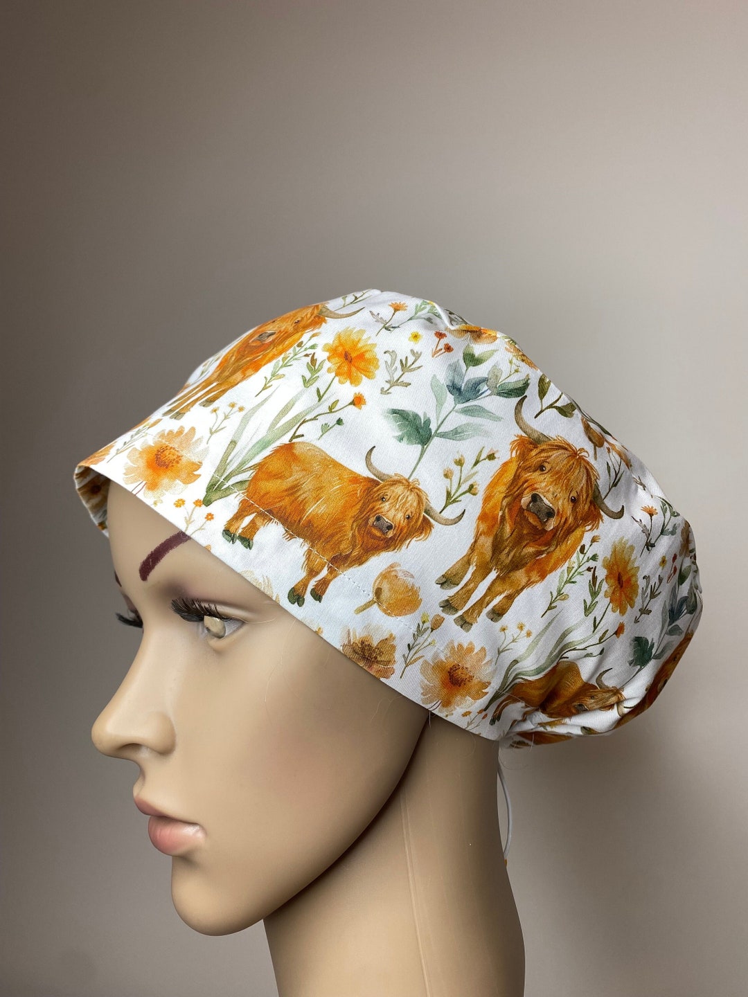 Scrub Cap Floral Highland Hairy Cow Steel White and Orange Scrub Hat - Etsy