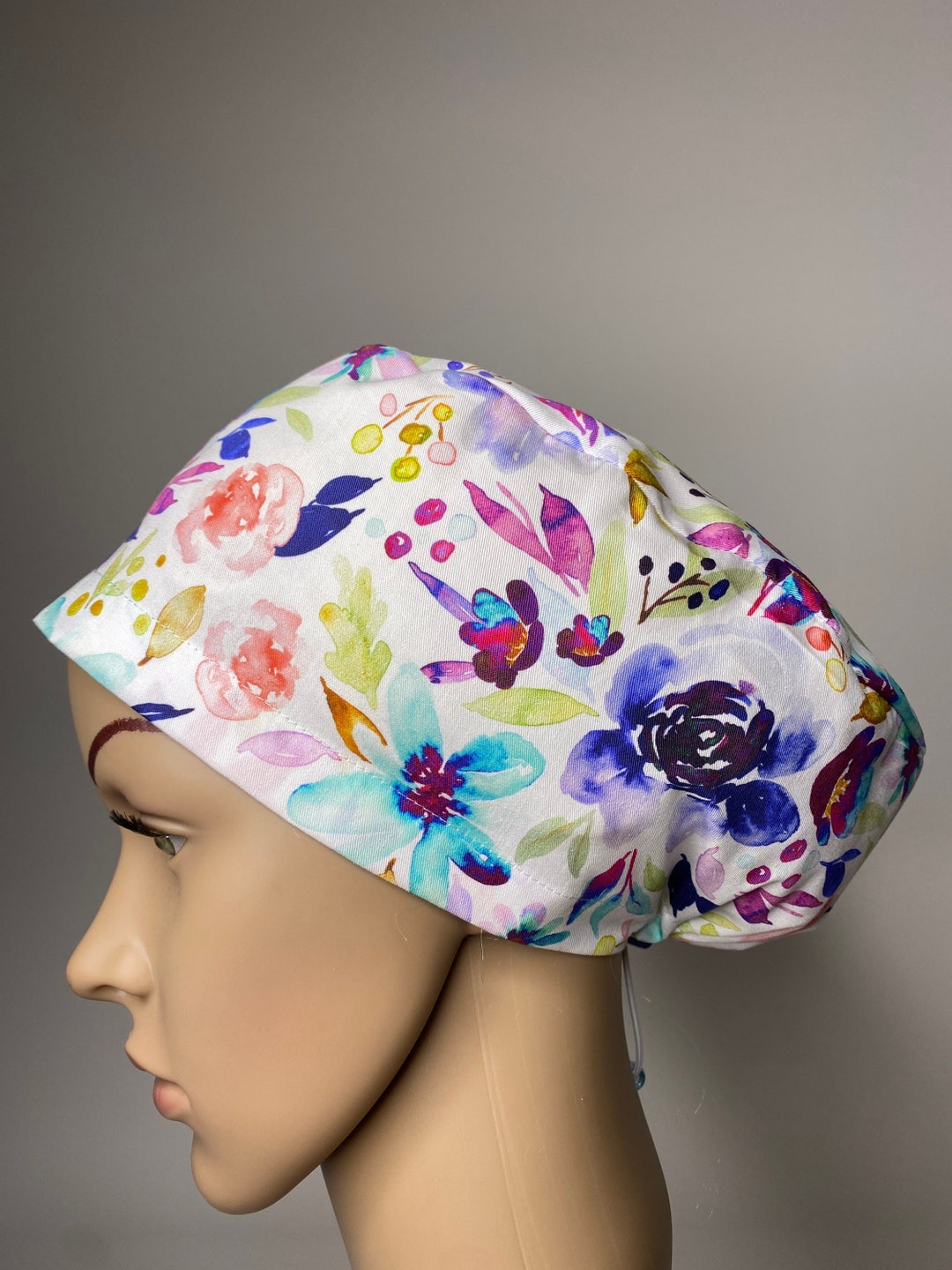 Scrub Hat Cap With Toggle, Surgical Scrub Hat Cap, Floral Watercolour ...