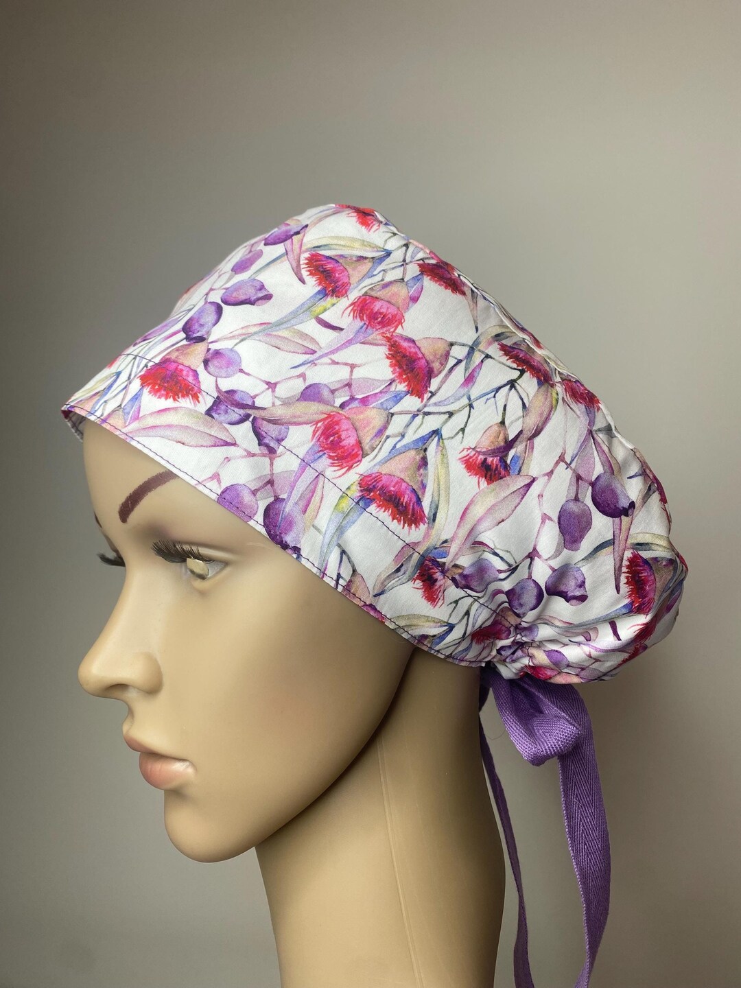 Scrub Caps Ties, Tie Back Purple Surgical Cap With Gum Nut Blossom ...