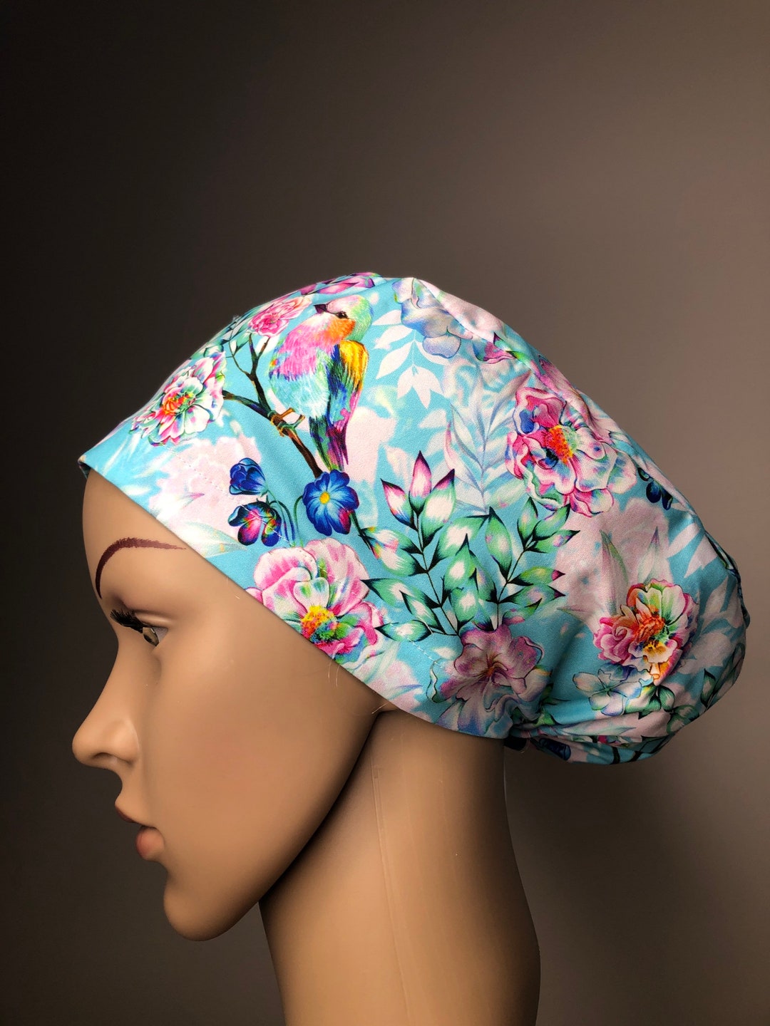 Scrub Cap: Aqua Floral Rainbow Wren Bird - Etsy
