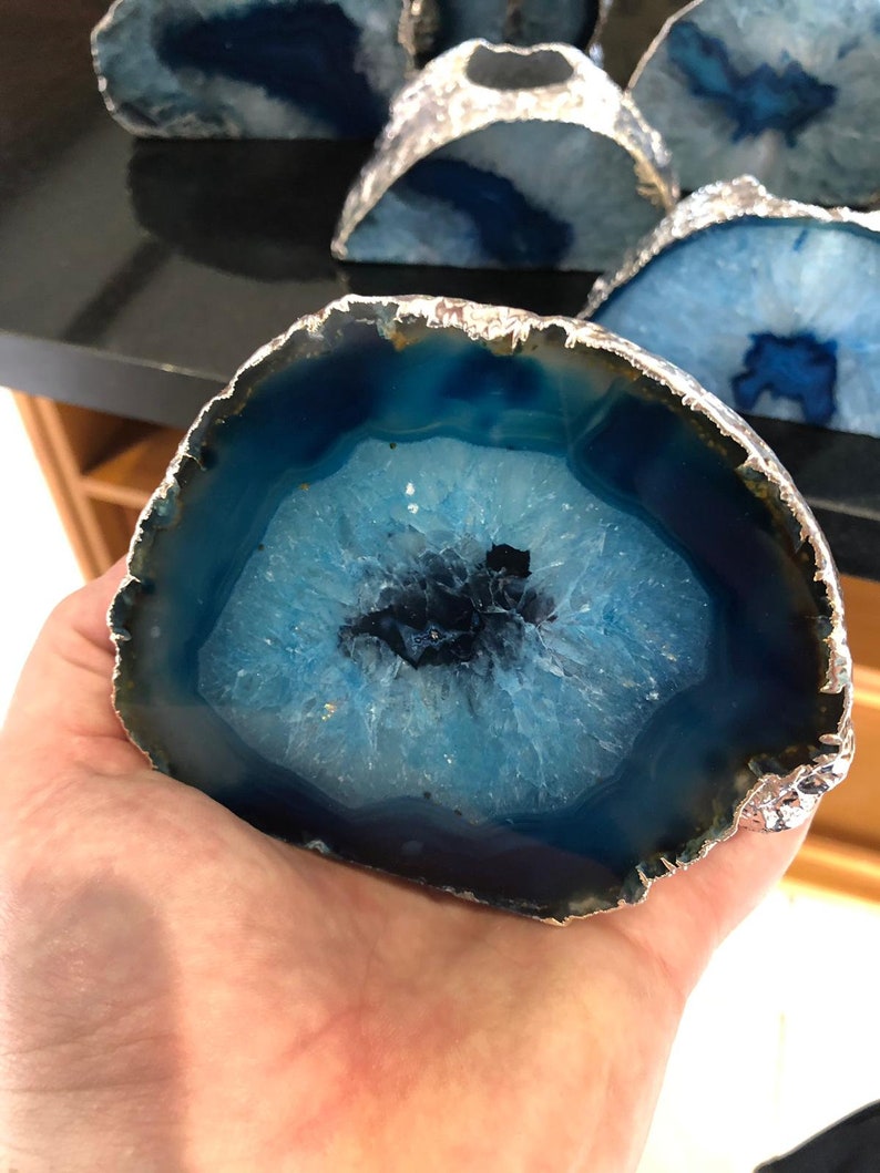 Large Blue Agate End Microcrystalline Quartz Silver Gilded Tealight ...