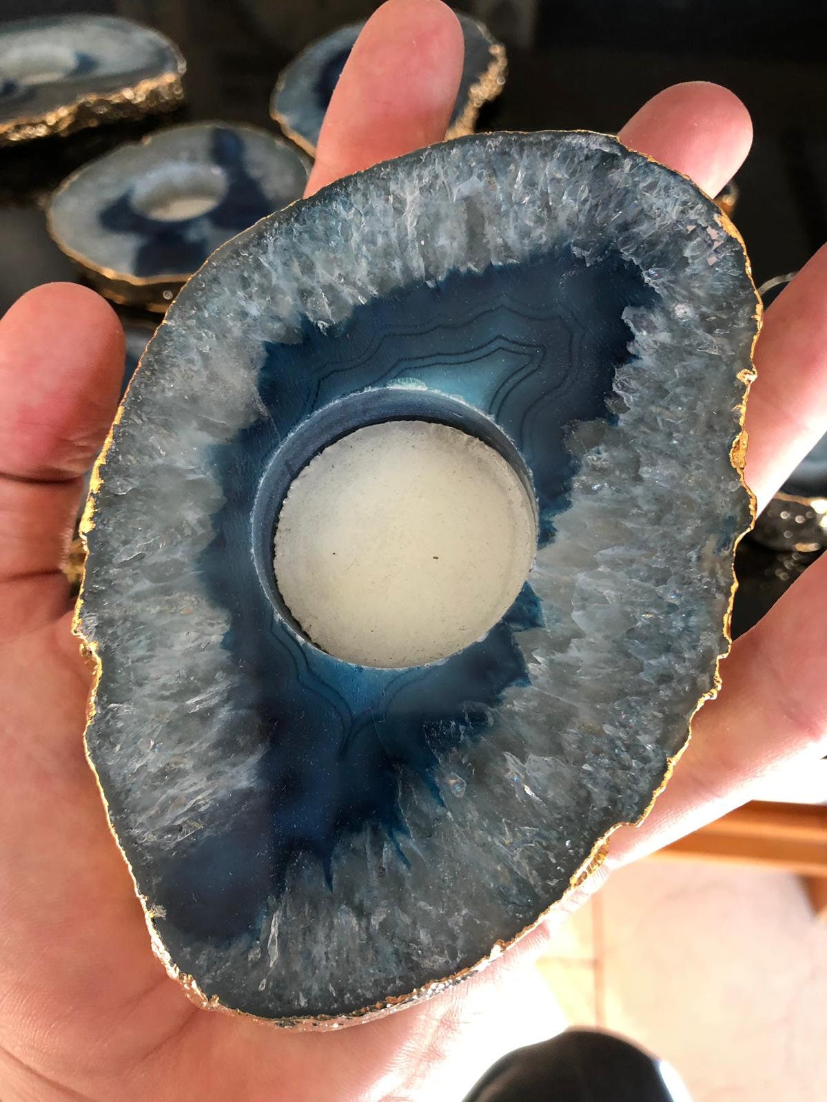 Large Blue Agate Slice Microcrystalline Quartz Gold Gilded | Etsy