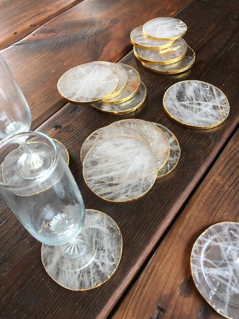 Clear Quartz Premium Coasters Circle Shape 24ct Gold Gilded Edge (set ...