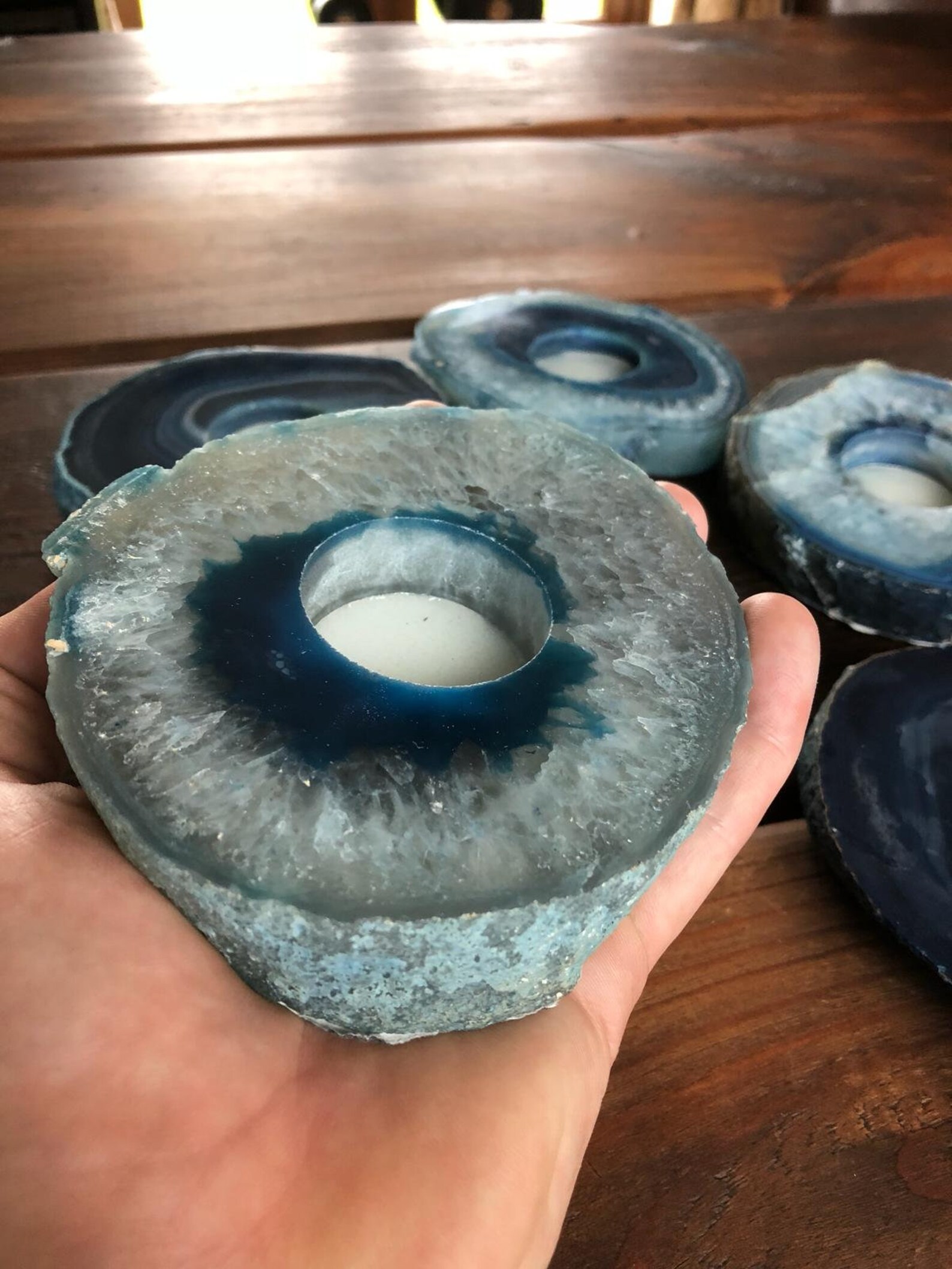 Large Blue Agate Slice Microcrystalline Quartz Tealight Candle | Etsy