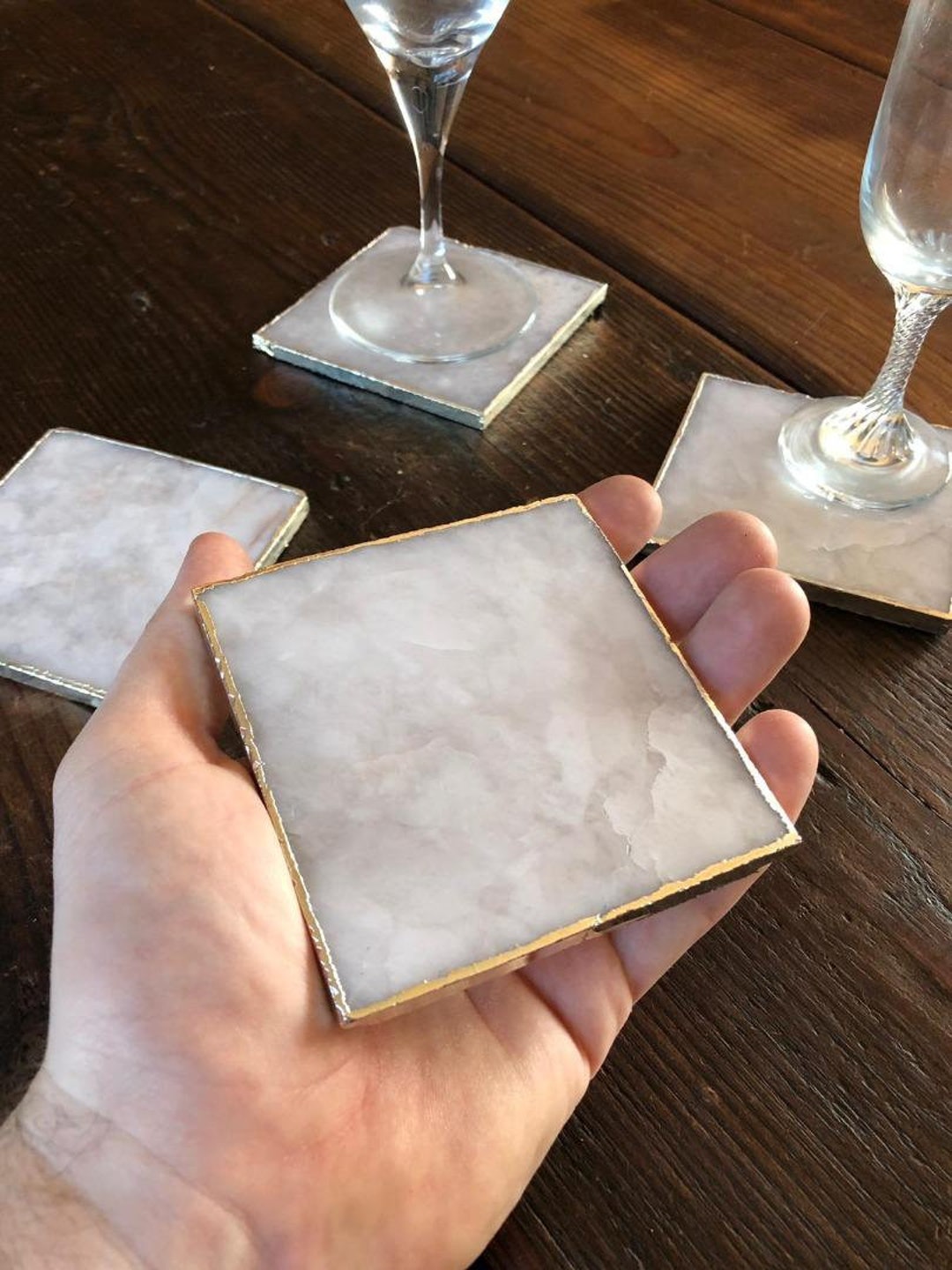 White Crystal Quartz Premium Coasters Square Shape Silver Edge (set of ...
