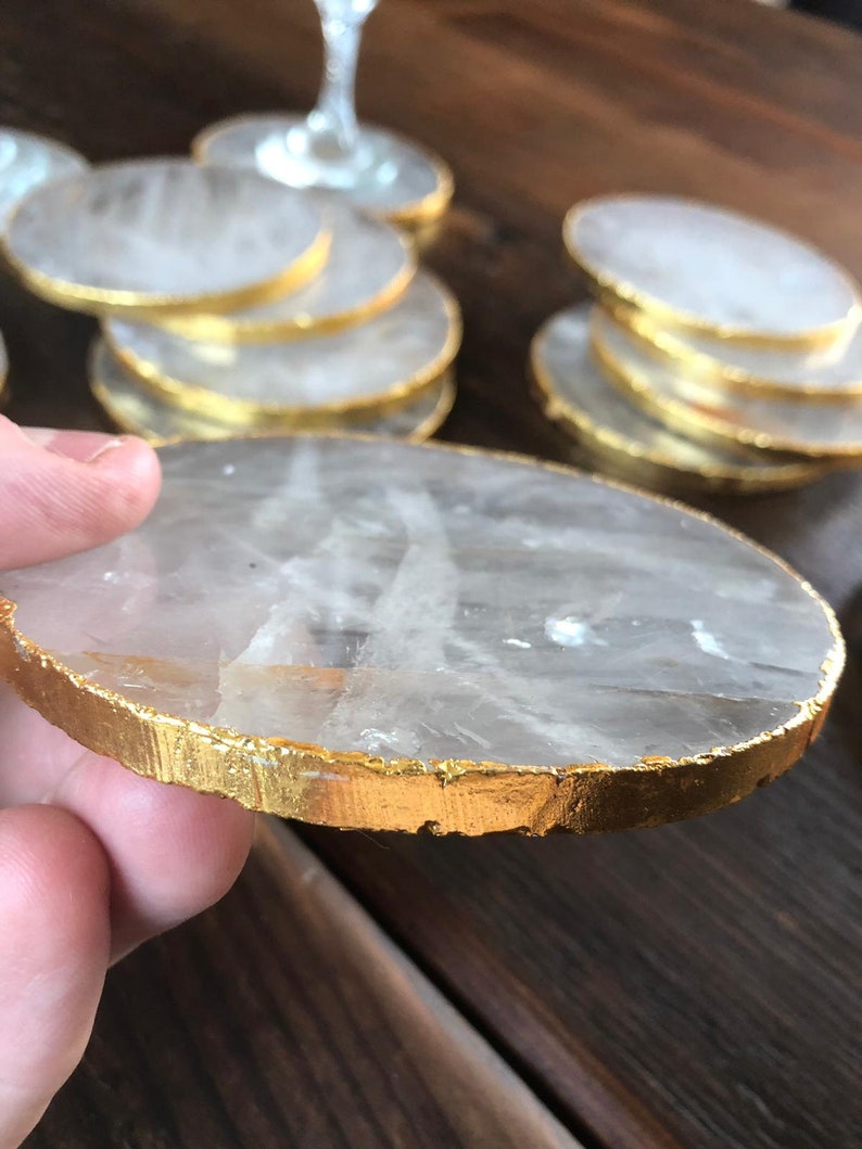 Clear Quartz Premium Coasters Circle Shape 24ct Gold Gilded Edge (set ...