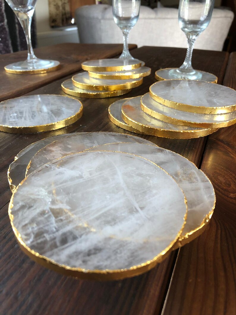 Clear Quartz Premium Coasters Circle Shape 24ct Gold Gilded Edge (set ...