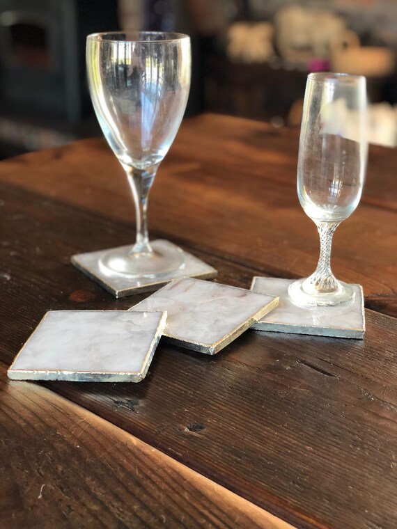 White Crystal Quartz Premium Coasters Square Shape Silver Edge | Etsy