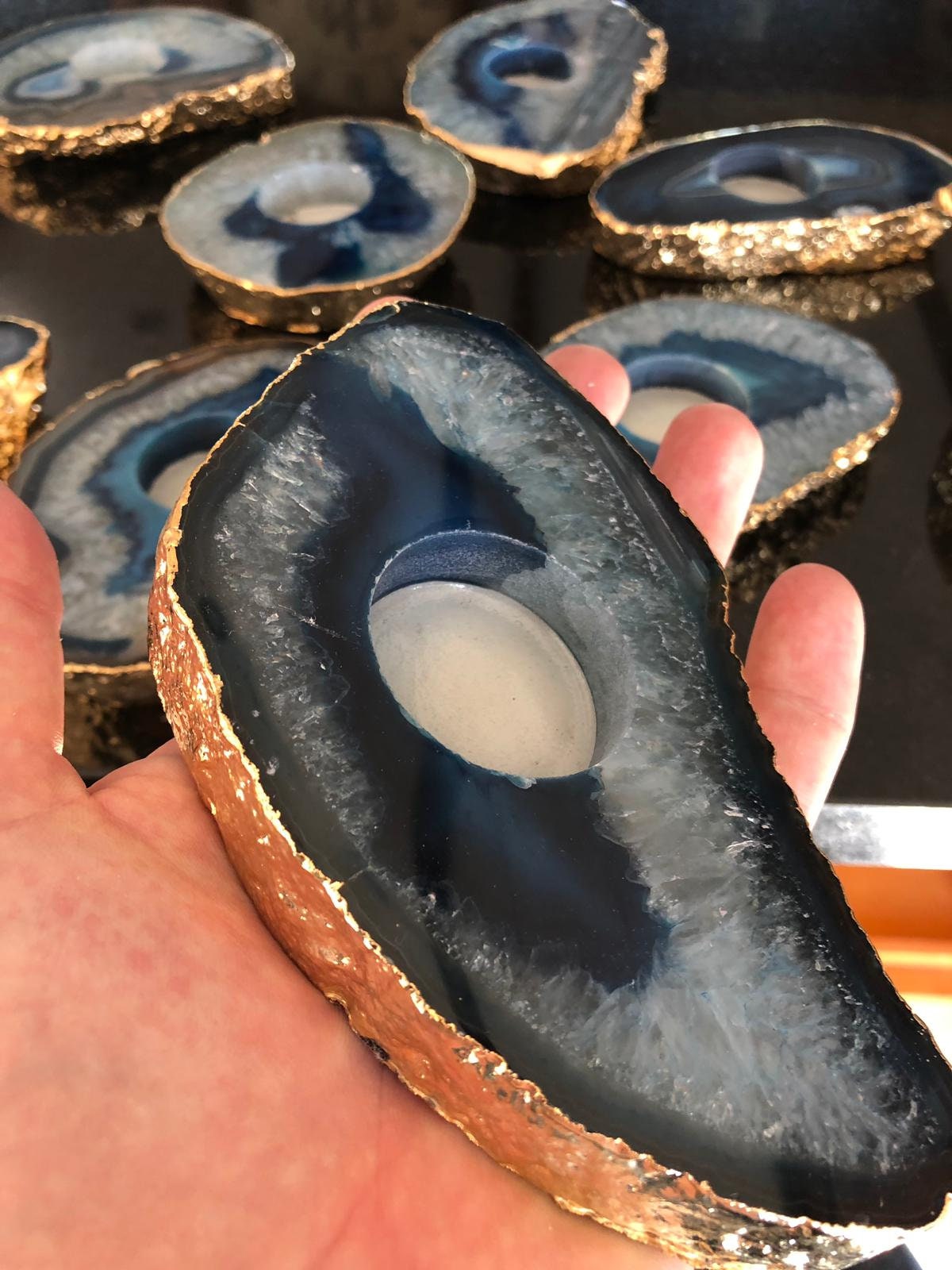 Large Blue Agate Slice Microcrystalline Quartz Gold Gilded | Etsy