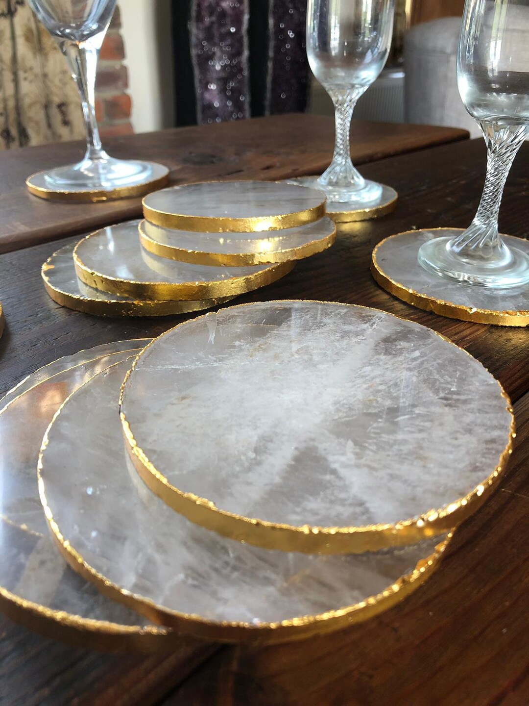 Clear Quartz Premium Coasters Circle Shape 24ct Gold Gilded Edge (set ...