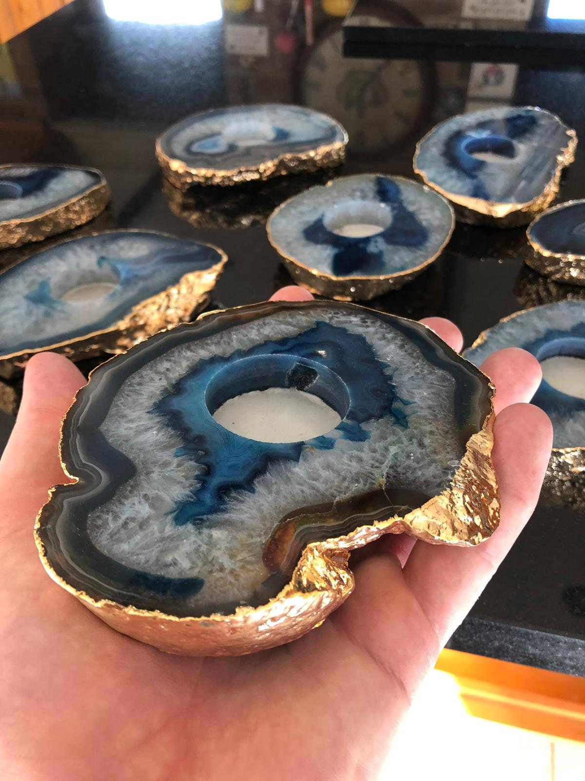 Large Blue Agate Slice Microcrystalline Quartz Gold Gilded | Etsy