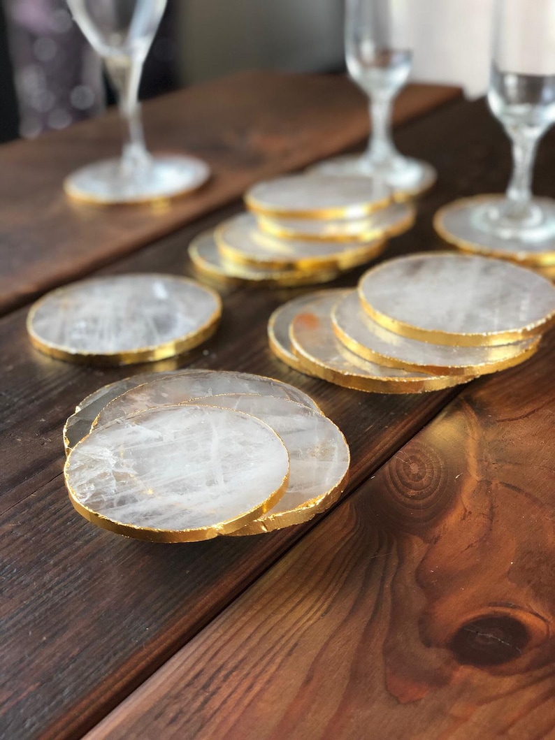 Clear Quartz Premium Coasters Circle Shape 24ct Gold Gilded Edge (set ...
