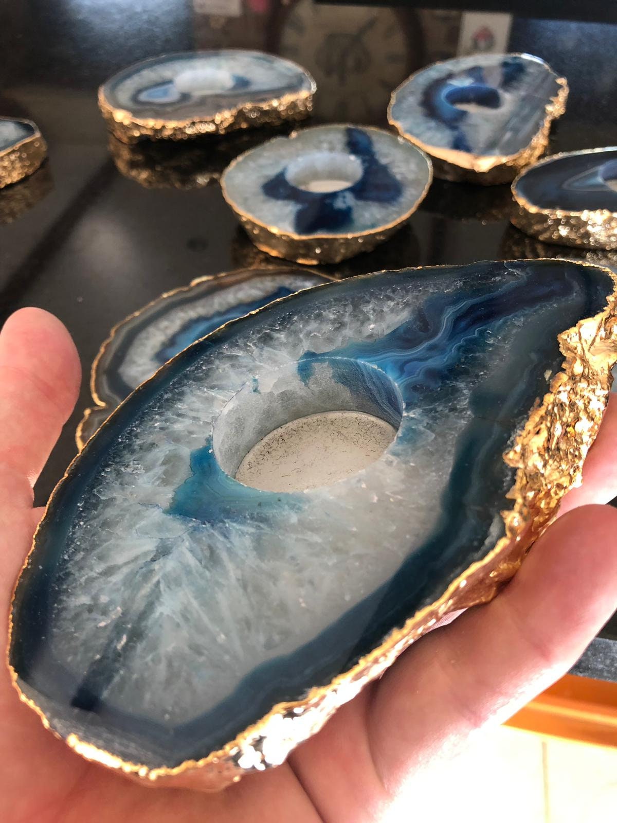 Large Blue Agate Slice Microcrystalline Quartz Gold Gilded | Etsy