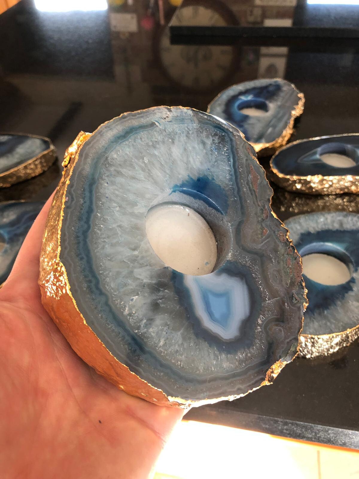 Large Blue Agate Slice Microcrystalline Quartz Gold Gilded | Etsy