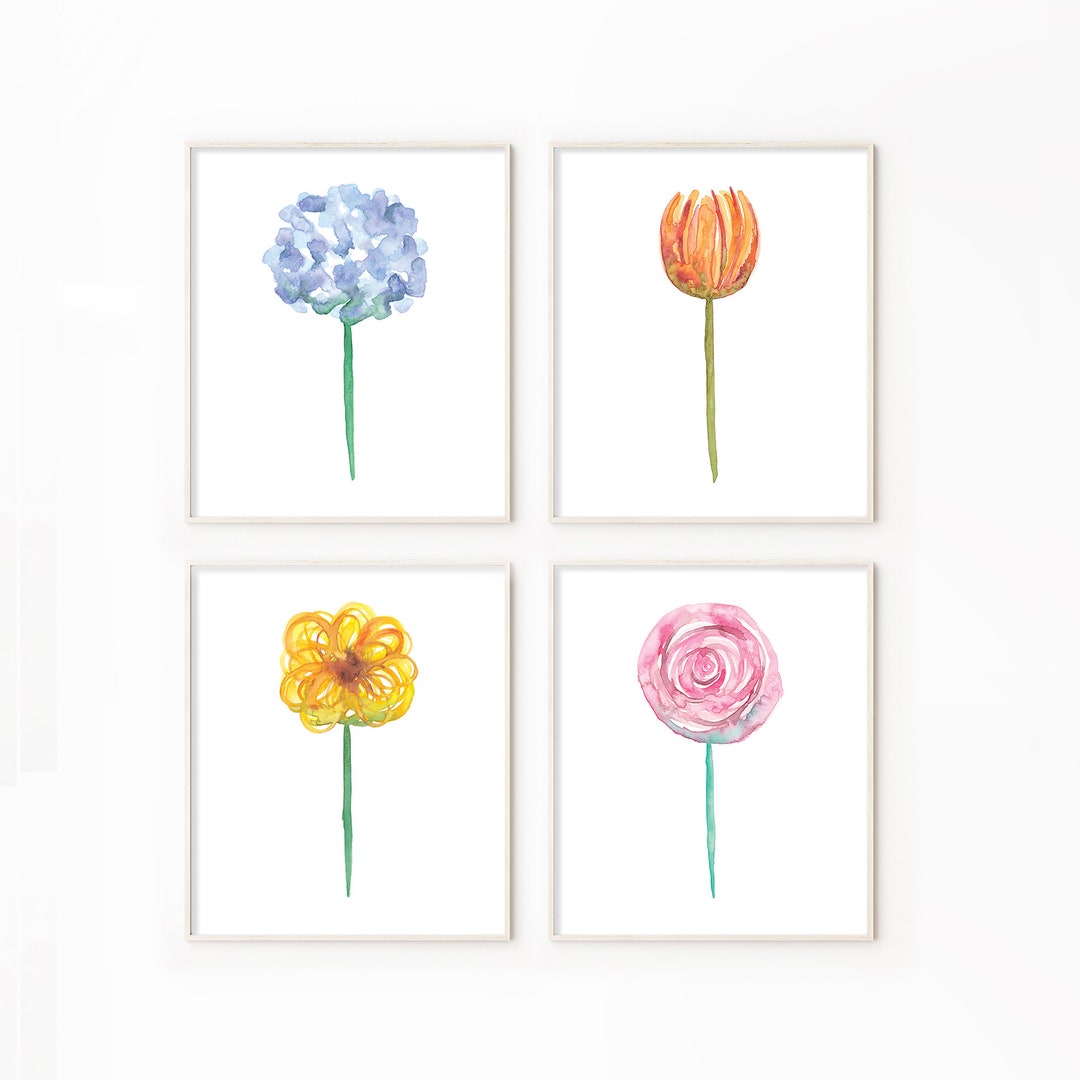 4 Piece Wall Art Set / Simple Flower Prints / Abstract Floral - Etsy
