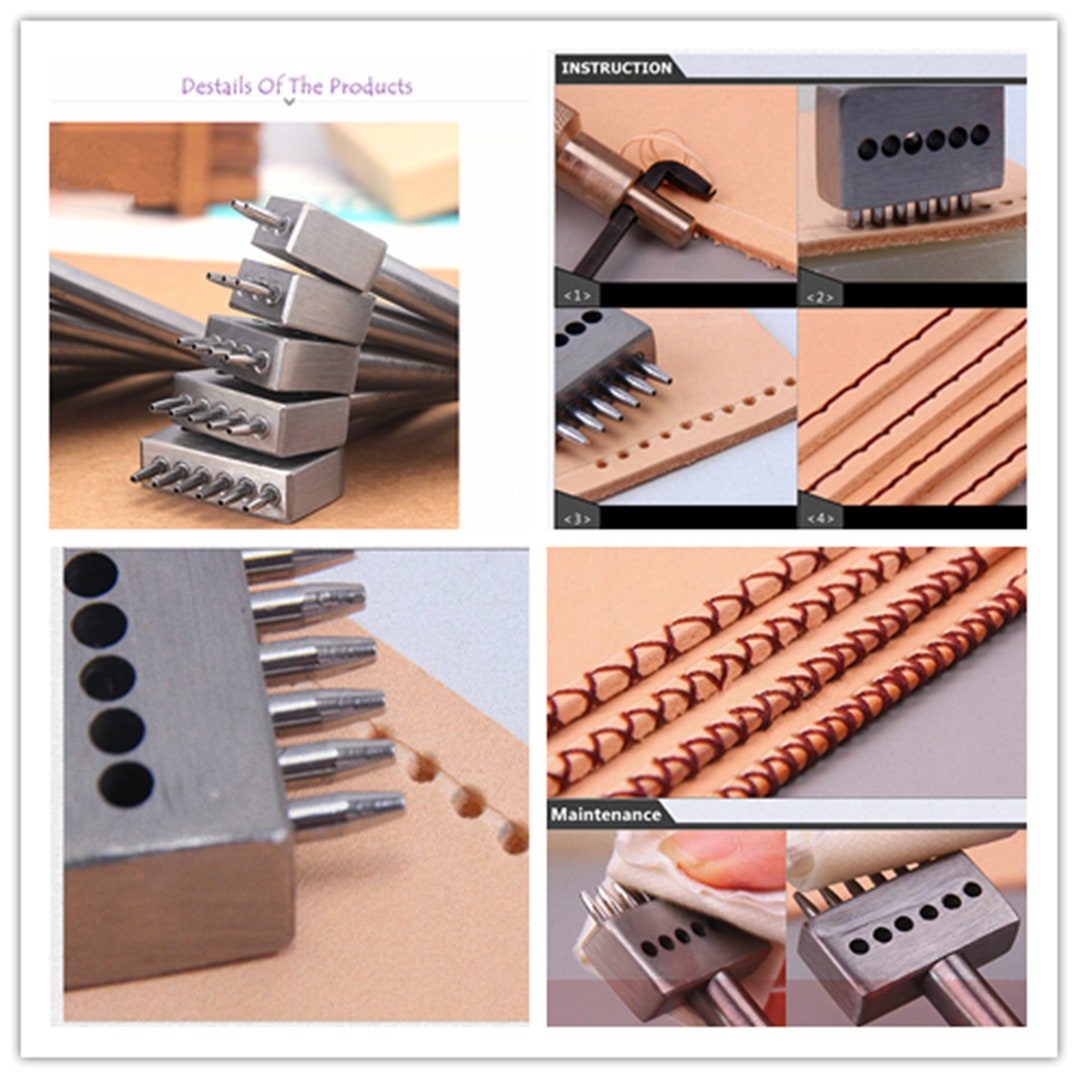 Full Set Leather Craft 4/5/6/8mm Spacing Hole Stitch Punch 5 Stitching ...