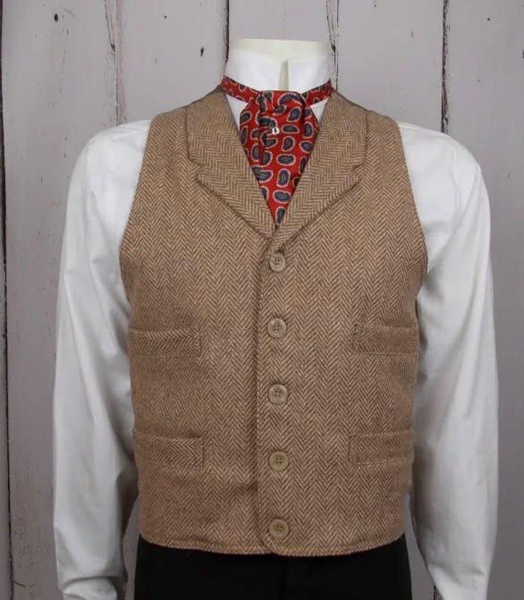 Vintage Styled Old West WOOL HERRINGBONE Vest With Notched Lapels and 4 ...