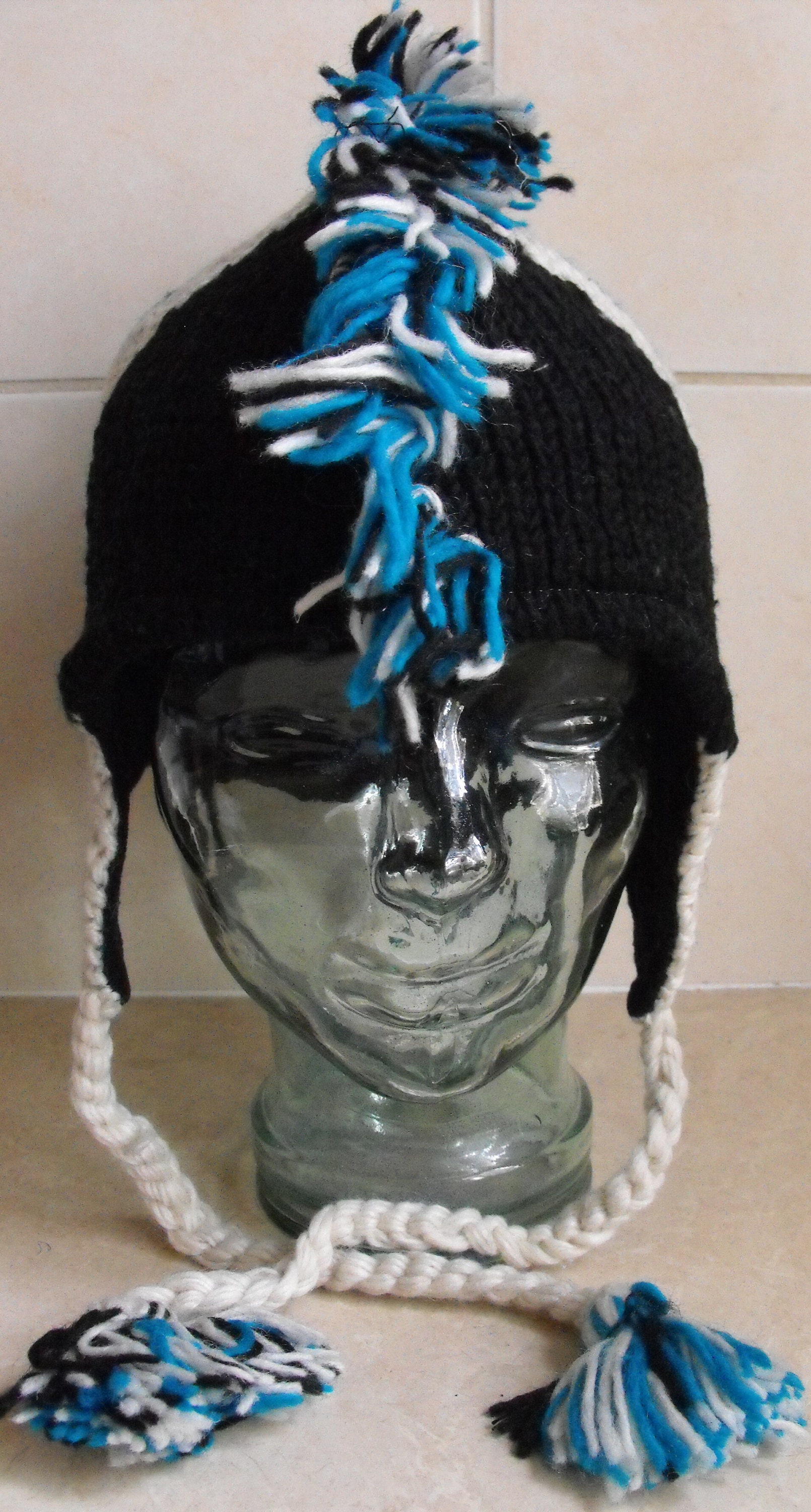 Beanie Mohawk Black White Blue Adult Unisex Hat Knit 100% Wool - Etsy