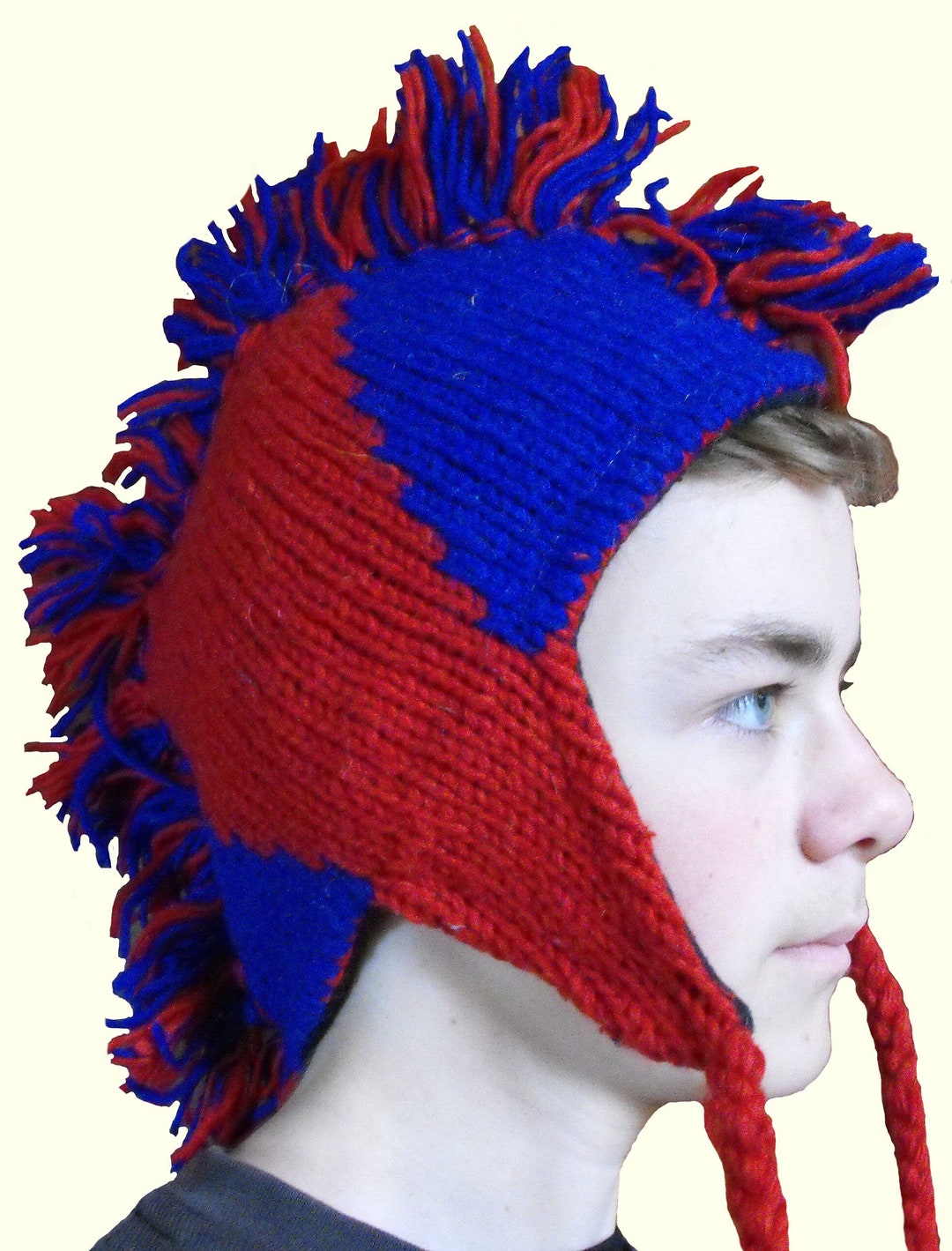 Beanie Mohawk Blue Red Adult Unisex Hat Knit 100% Wool Polyfleece Lined ...