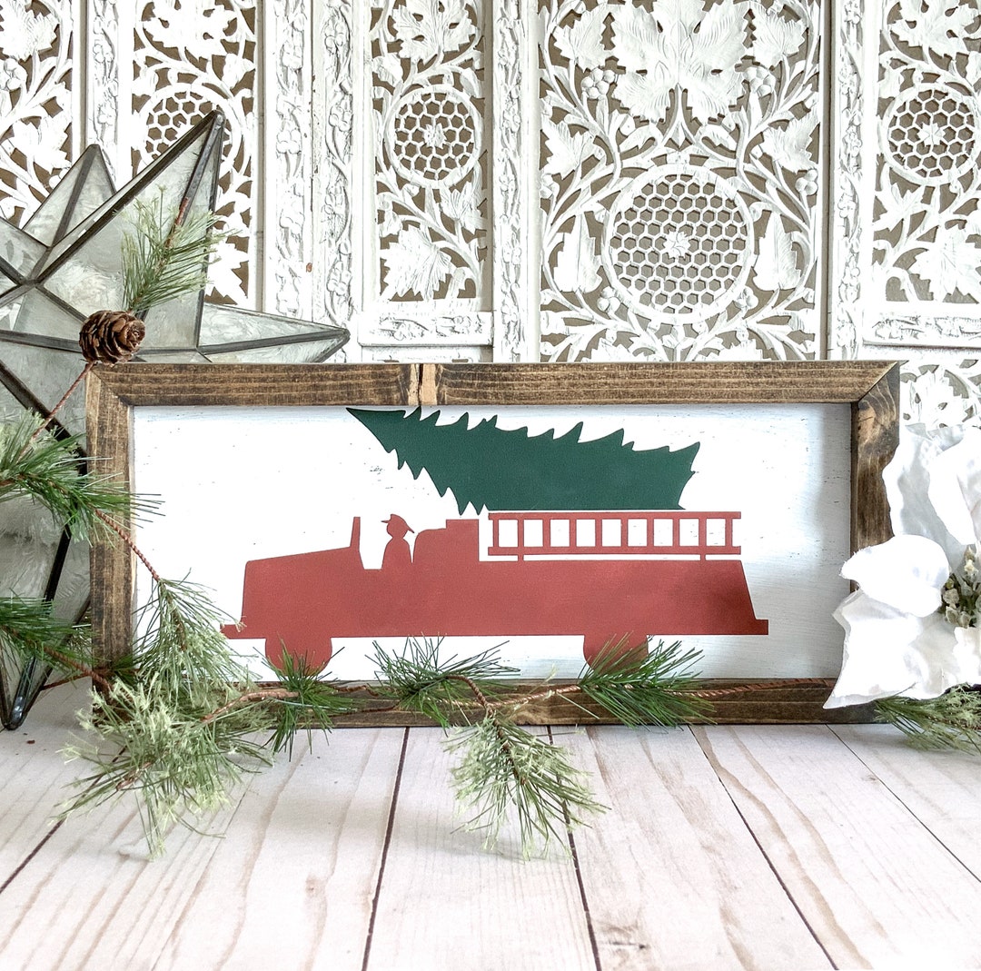 Firetruck Christmas Tree Wood Sign • Firefighter • Firefighter Gift ...