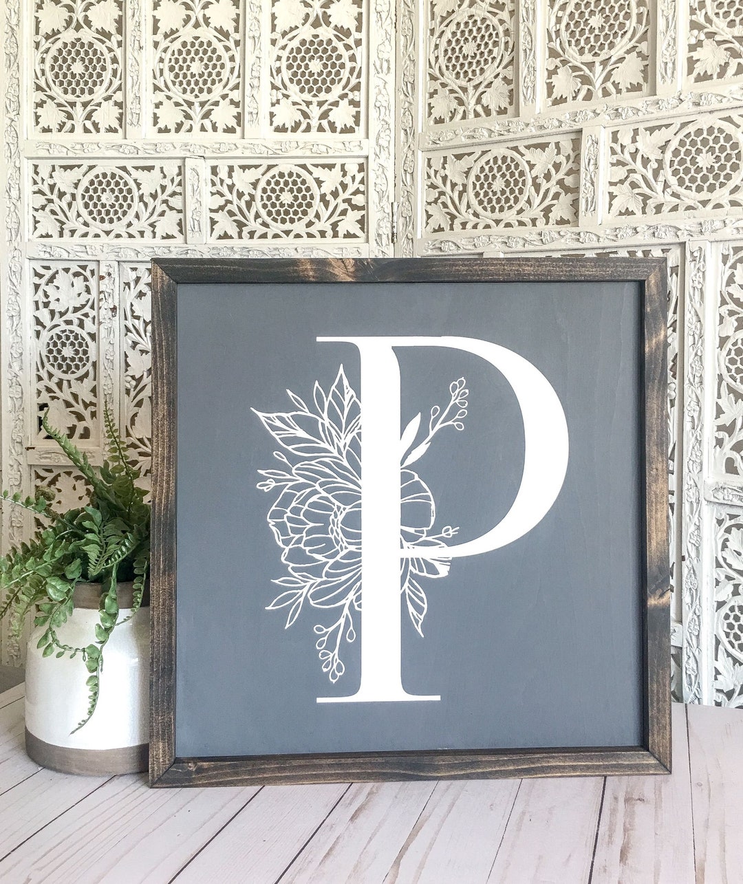 Botanical Monogram Wood Sign | Farmhouse Monogram | Floral Monogram ...