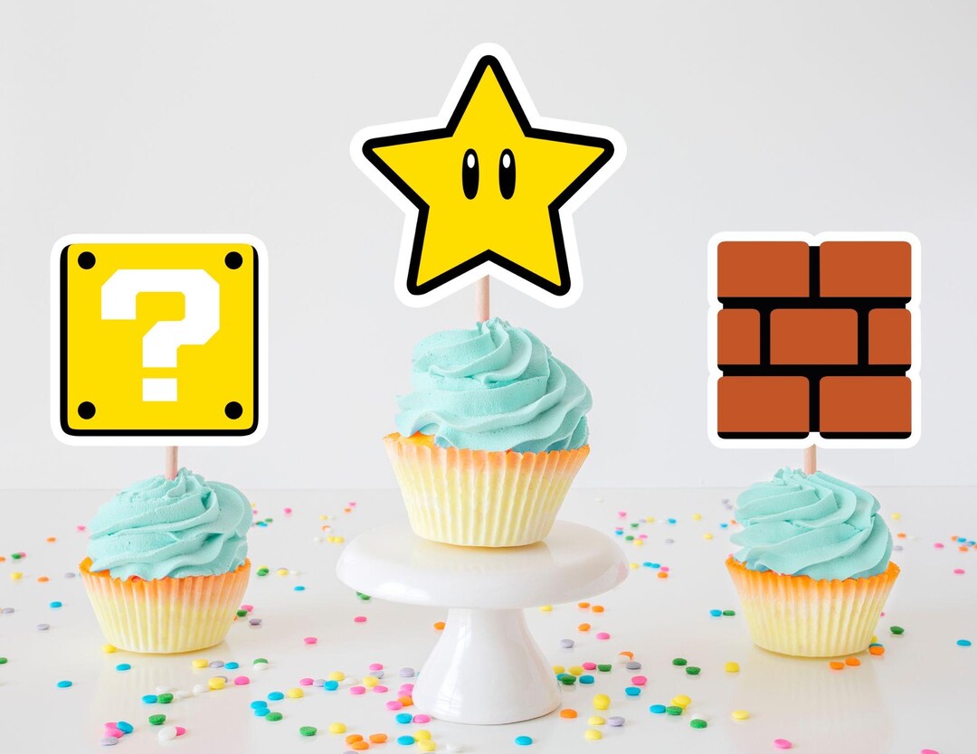 Mario Castle Bricks Cupcake Toppers, Mario Coins Toppers, Star Cupcake ...