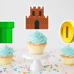 Mario Castle Bricks Cupcake Toppers, Mario Coins Toppers, Star Cupcake ...
