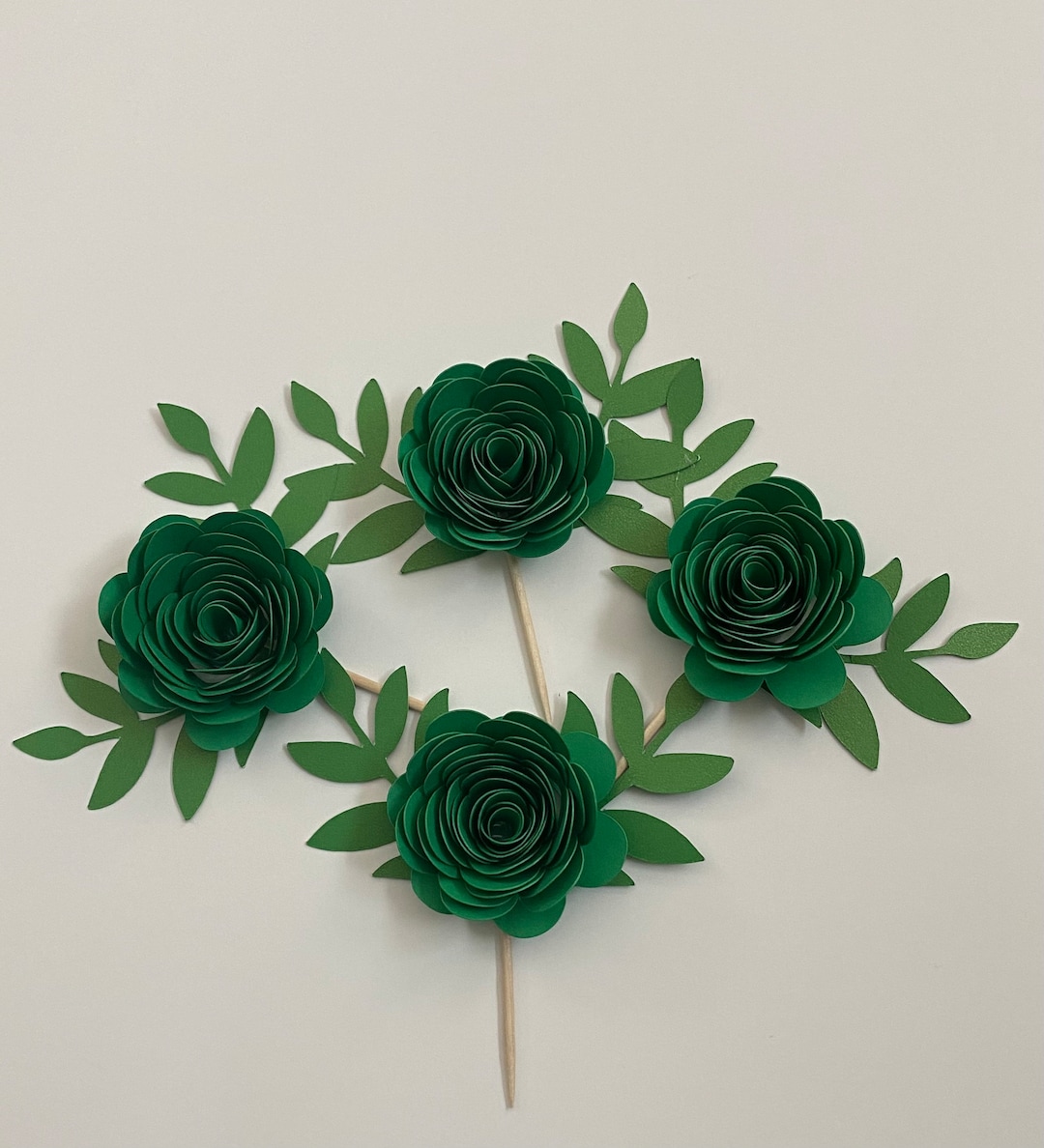 Set of Dark Green Flower Toppers, Flower Cupcake Toppers, Bridal Flower ...