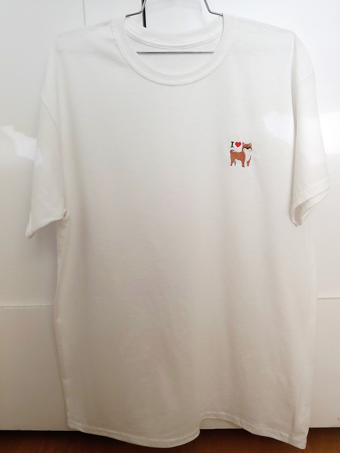 Shiba Inu Embroidered White Short Sleeve Cotton T Shirt Gift | Etsy