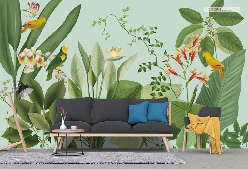 Tropical Leaves Wallpaper Tropical Mural Tropical | Etsy