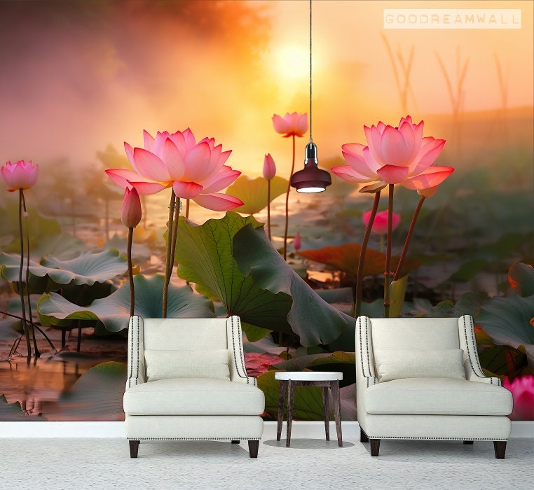 Pink Lotus Flower Wall Mural in a Lotus Pond Setting Under the Dawn ...