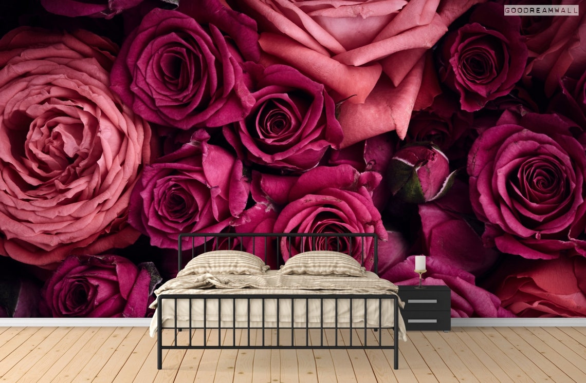Rose Flower Wallpaper Red Flower Wall Custom Wallpaper - Etsy