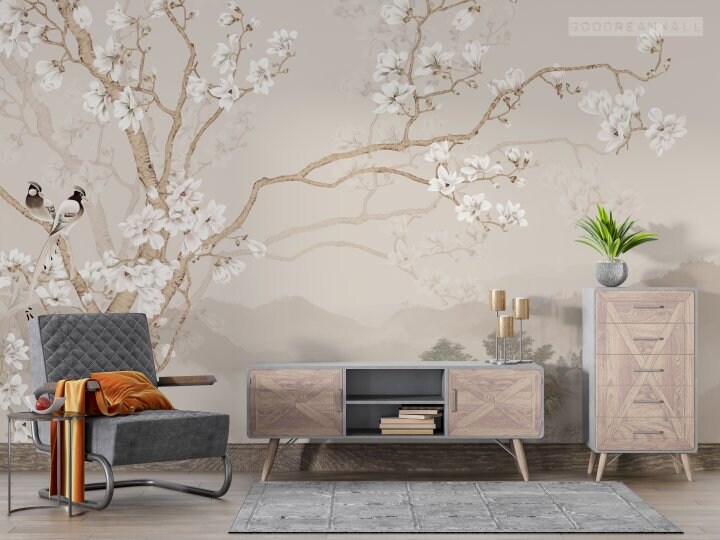 Soft Beige Chinoiserie Floral Tree Mural, Peel and Stick Custom Wall ...