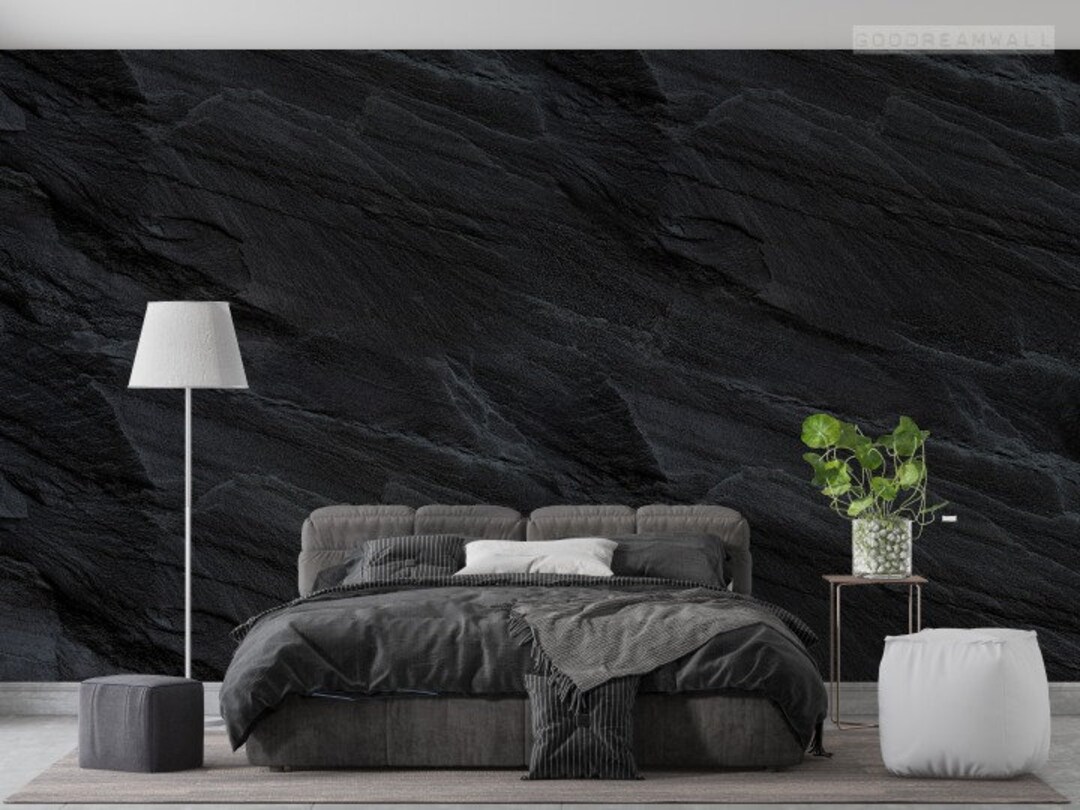 Black Stone Wall, Dark Texture Rock Wall Mural, Wallpaper Peel and ...