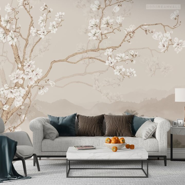 Soft Beige Chinoiserie Floral Tree Mural, Peel and Stick Custom Wall ...