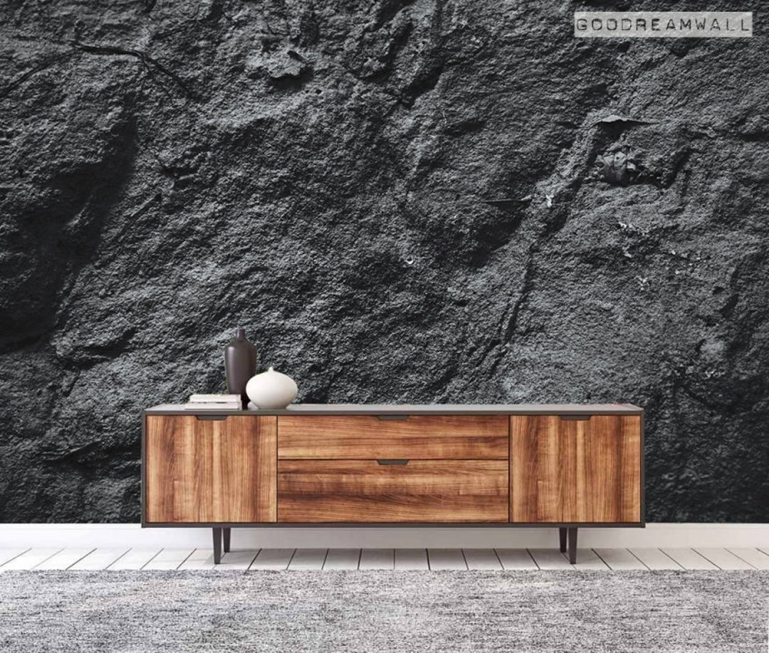 Dark Gray Stone Wall, Imitation Cave Stone Wallpaper, Customized Size ...