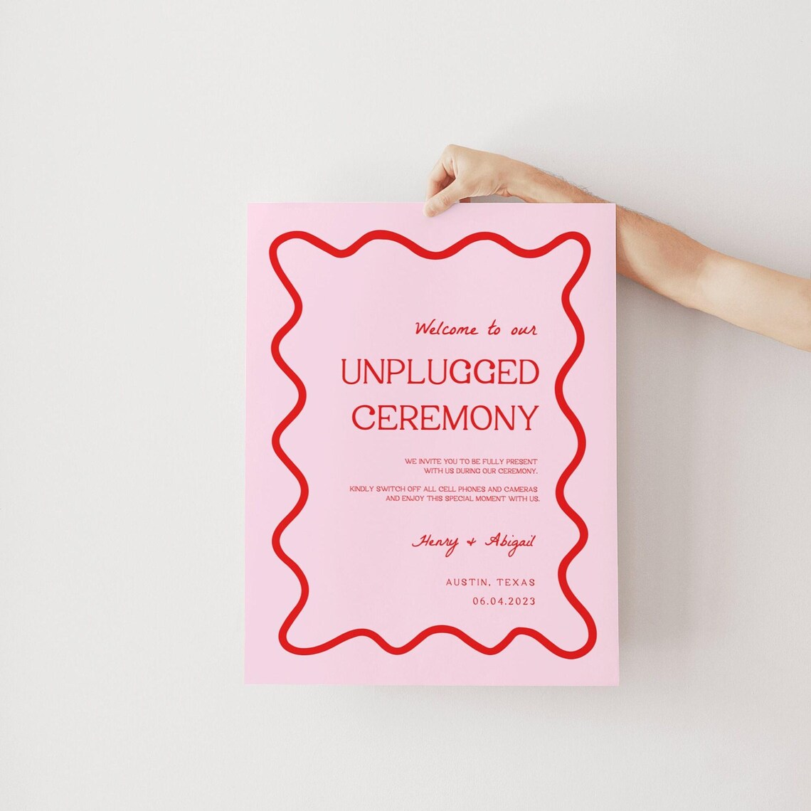 Pink and Red Squiggle Unplugged Ceremony Sign Template | Unplugged ...