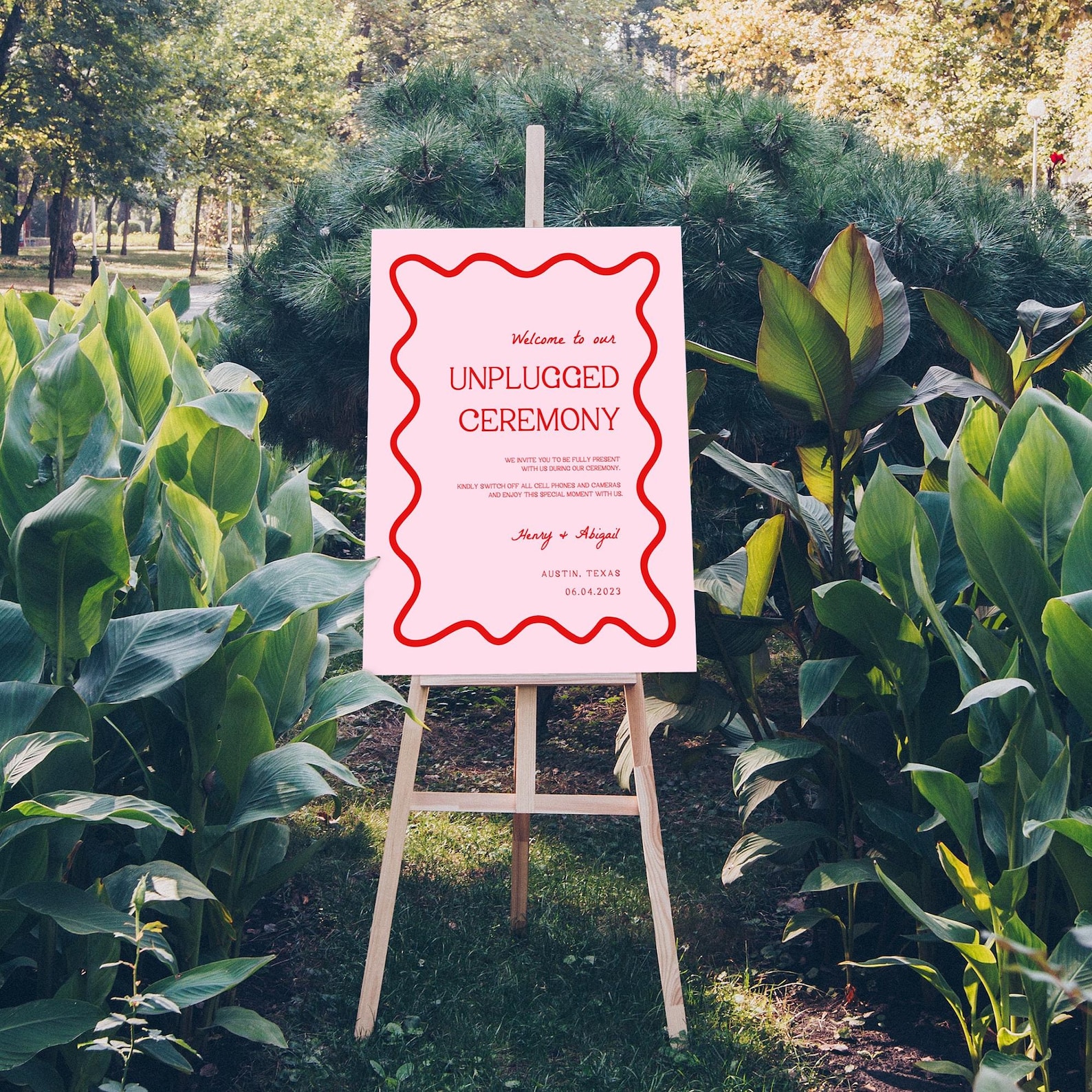 Pink and Red Squiggle Unplugged Ceremony Sign Template | Unplugged ...
