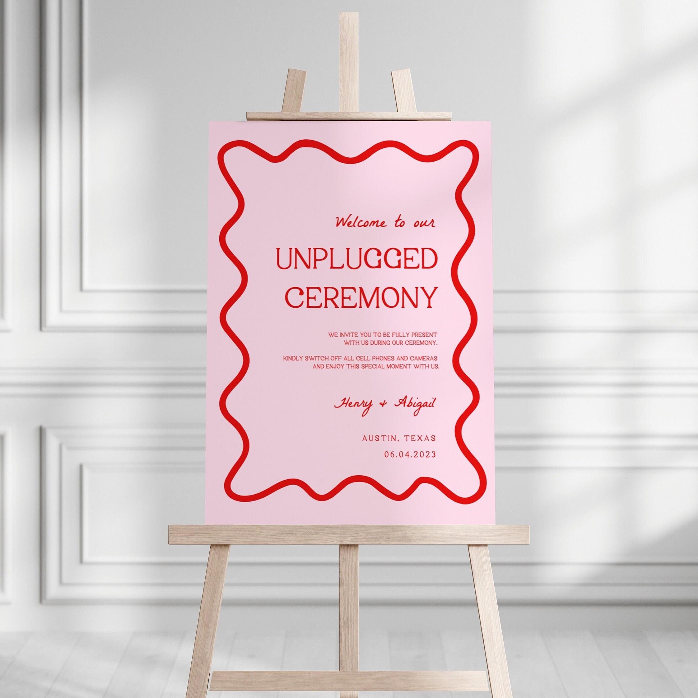 Pink and Red Squiggle Unplugged Ceremony Sign Template | Unplugged ...