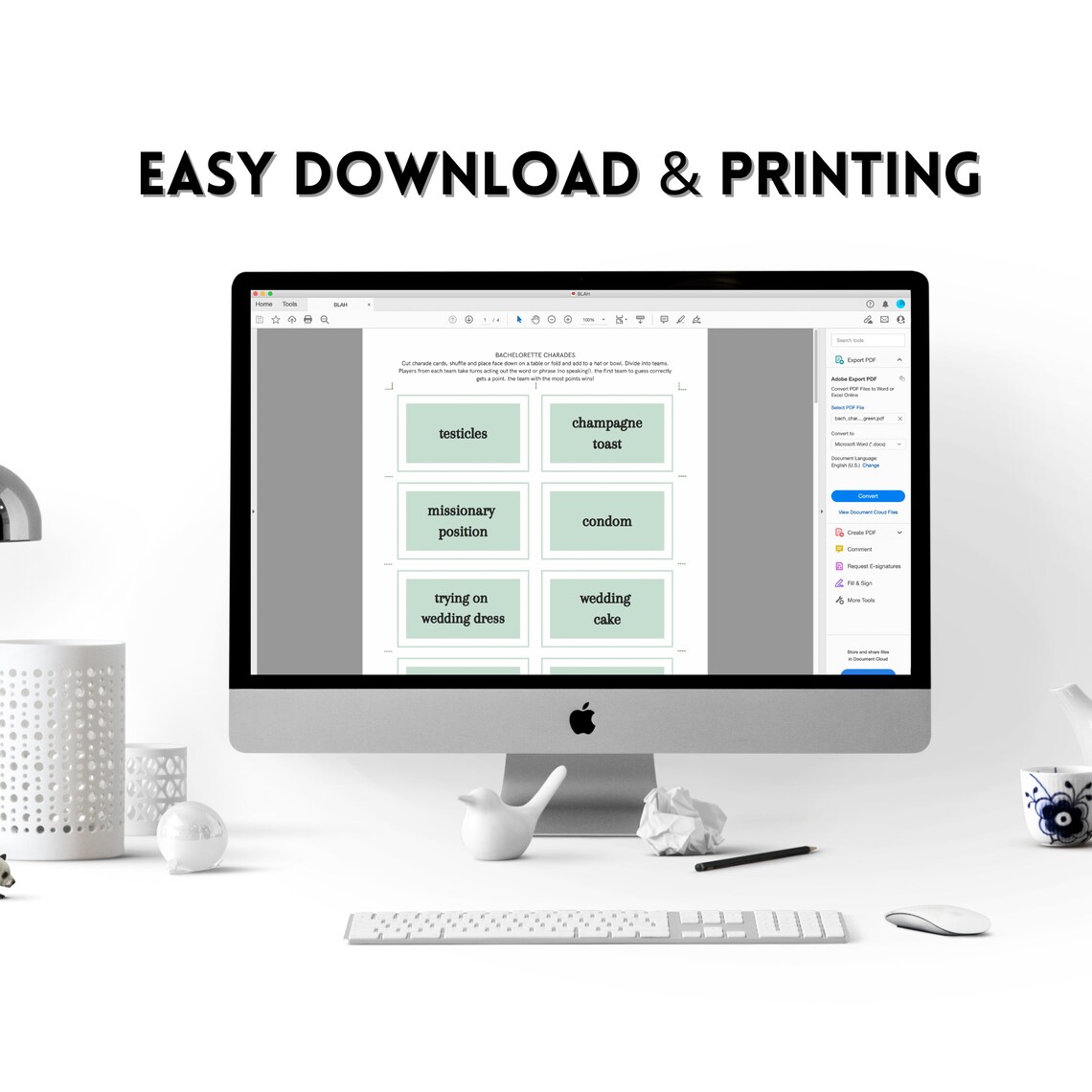 Dirty Bachelorette Charades | Sage Green, Bachelorette Party Games, Hen Party Game, Instant ...