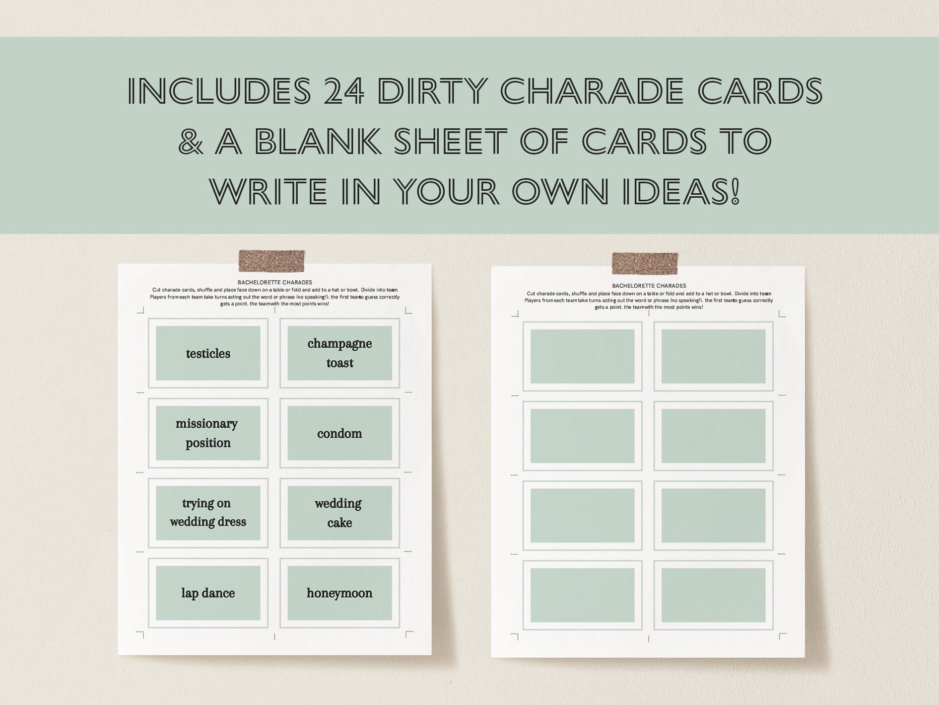 Dirty Bachelorette Charades | Sage Green, Bachelorette Party Games, Hen Party Game, Instant ...