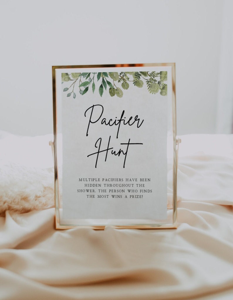 Pacifier Hunt Baby Shower Game | Greenery, Baby Shower Sign, Baby ...