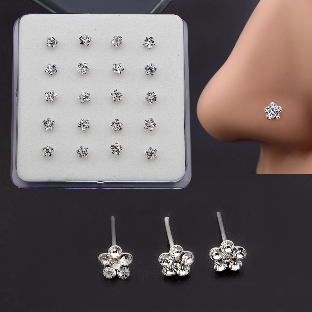 Flower Design, Crystal Nose Stud, Silver Flower Shape Crystal Nose Pin ...