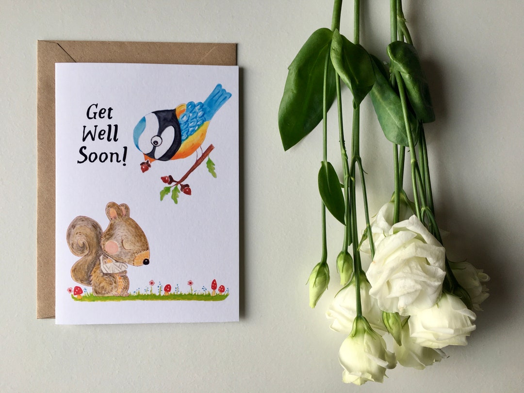 Get Well Soon Card, Thinking of You Card, Cute Squirrel, Blue Tit ...