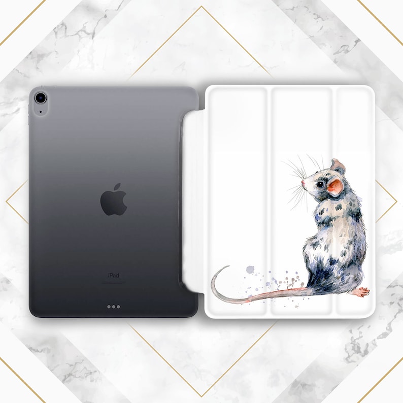 Cute Rat Print iPad White Case Kawaii Watercolor Animal iPad Flip Stand ...