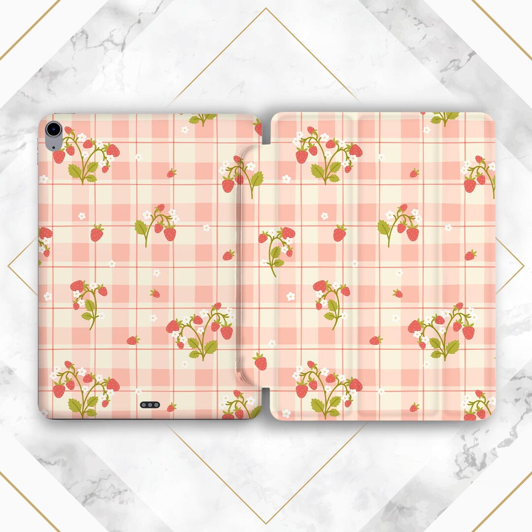 Cute Tiny Strawberry iPad Case Summer Checkered Pink Cover iPad Case ...