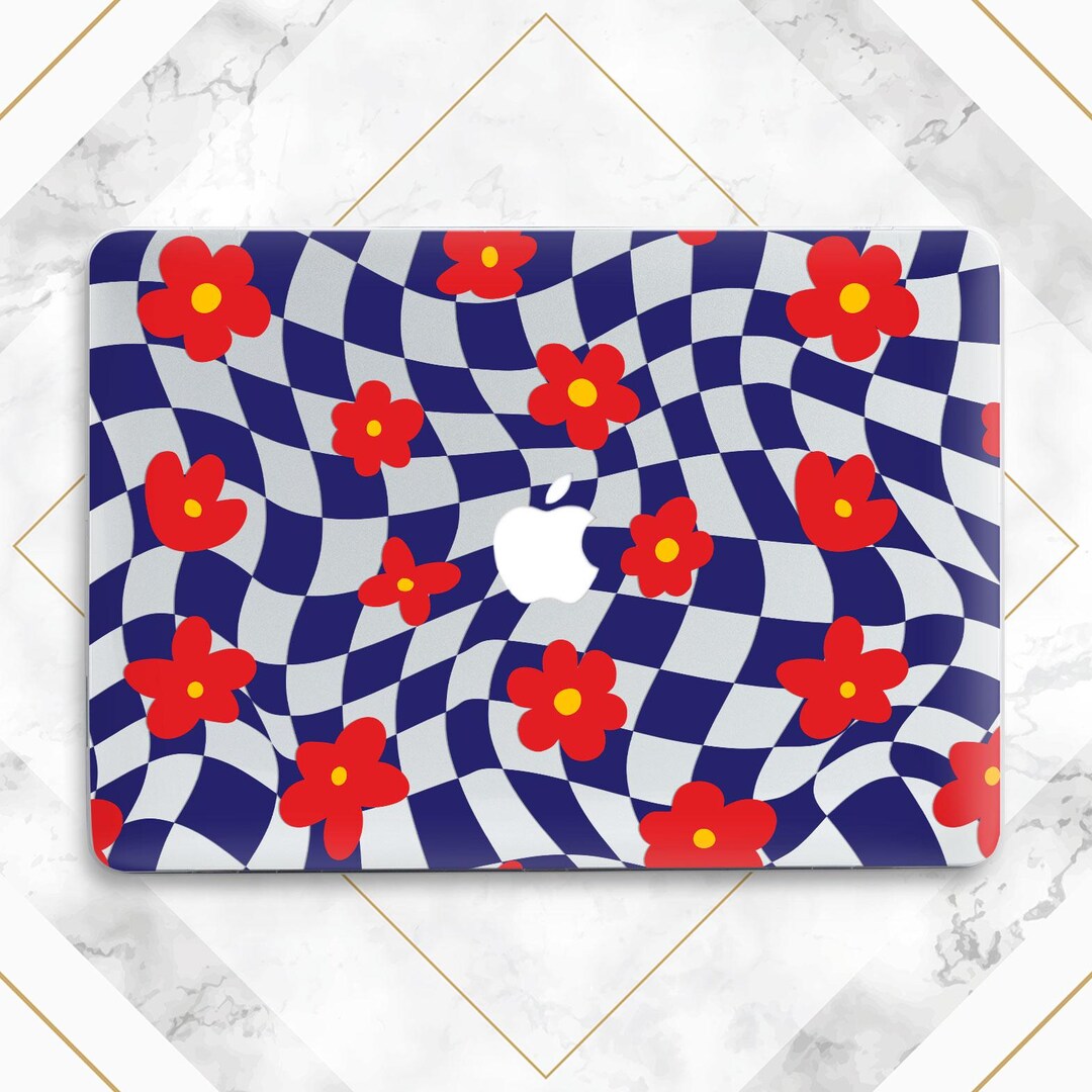 Blue Checkered Art MacBook Case Flowers Red Flower Print Geometric Art ...